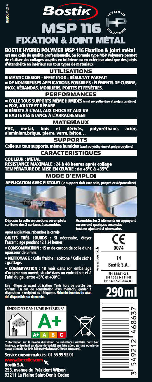 Bostik Colle mastic Hybrid polymer msp 116 BOSTIK, 290ml