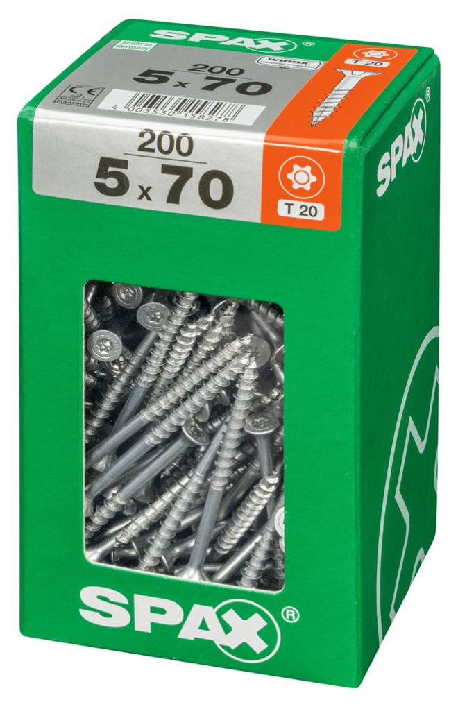 SPAX Lot de 200 vis acier tête fraisée torx SPAX, Diam.5 mm x L.70 mm