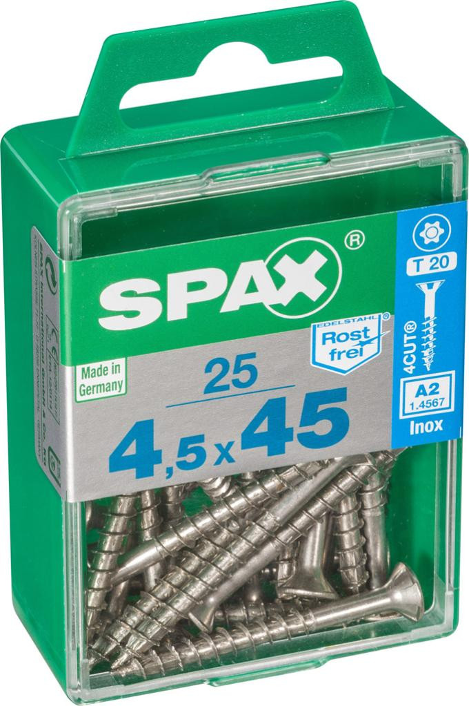 SPAX Lot de 25 vis inox tête fraisée torx SPAX, Diam.4.5 mm x L.45 mm