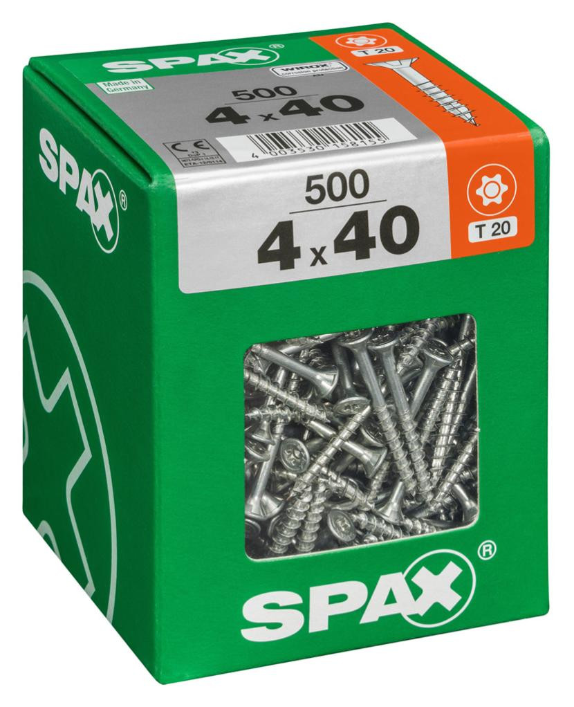 SPAX Lot de 500 vis acier tête fraisée torx SPAX, Diam.4 mm x L.40 mm