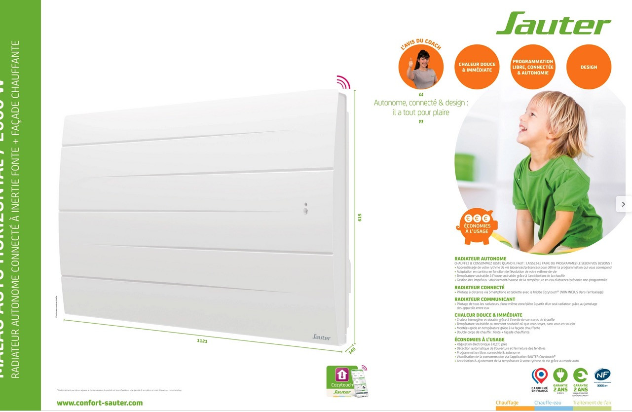 SAUTER Radiateur électrique à inertie MALAO AUTO horizontal blanc ...