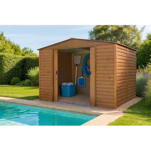 Duramax Abri de jardin métal 10 x 8 imitation bois avec base inclus...