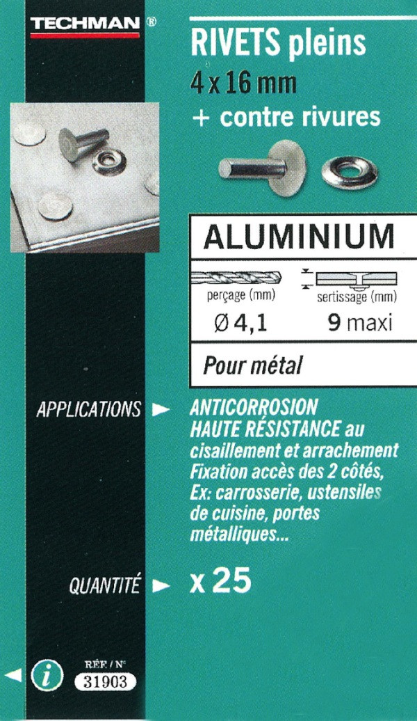 Techman 25 rivets pleins alu Ø 4 x 16 mm